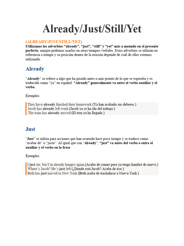 Uso de Already, Just, Still y Yet | PDF | Artes del Lenguaje y Comunicación