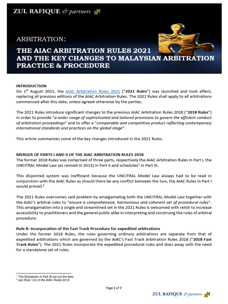 Article - The AIAC Arbitration Rules 2021 and The Key Changes To Malaysian Arbitration Practice ...