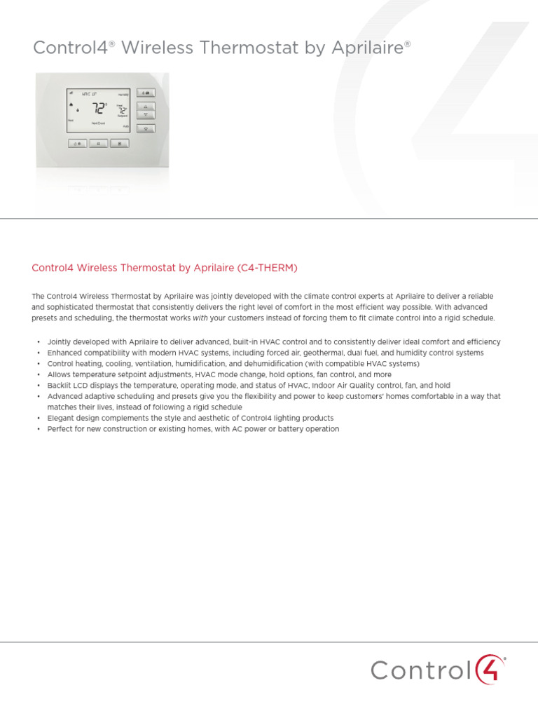 Control4 Wireless Thermostat by Aprilaire Data Sheet Rev A | PDF | Thermostat | Humidity