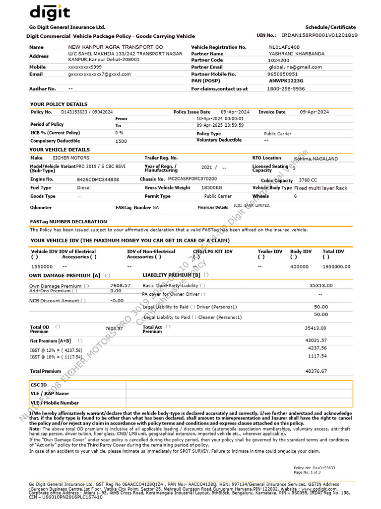 Go Digit Commercial Vehicle Insurance Policy | PDF | Insurance | Vehicles