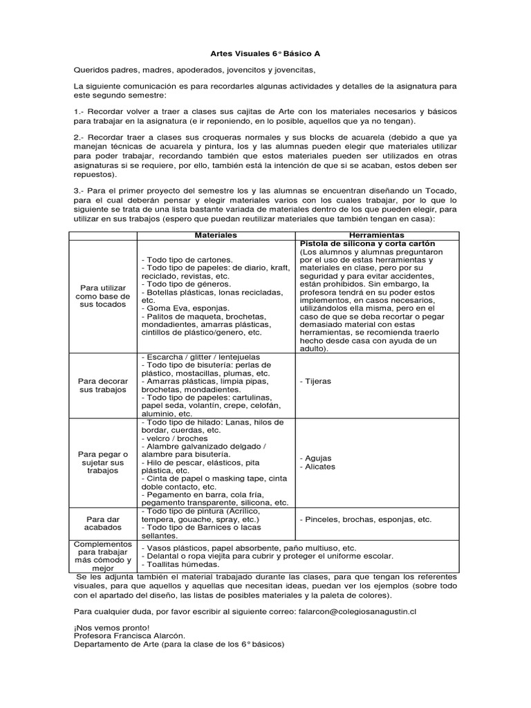 Artes Visuales 6° Básico - Recordatorio de Materiales | PDF