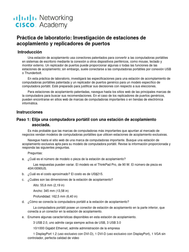 7.1.2.8 Lab - Research Docking Stations and Port Replicators | PDF | USB | Ordenador portátil