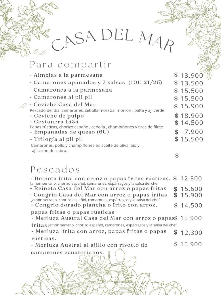 Carta Menú Casa Del Mar | PDF