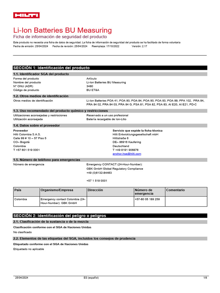 Ficha Seguridad Baterías Li-Ion | PDF | Agua | Toxicidad