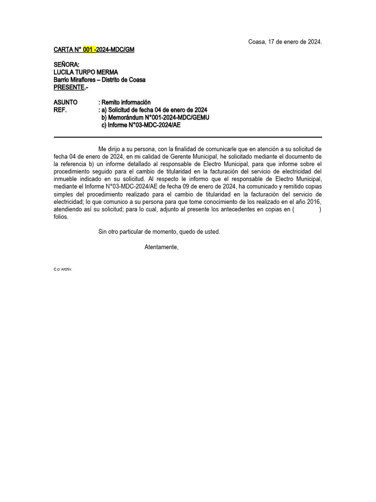 Carta - Cambio de Razon Social - Electro - Lucila Merma Turpo | PDF