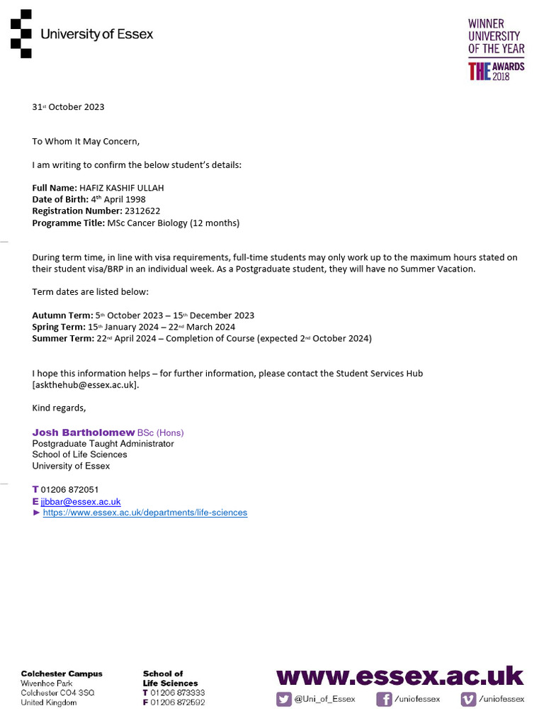 Term Dates Letter KASHIF ULLAH | PDF