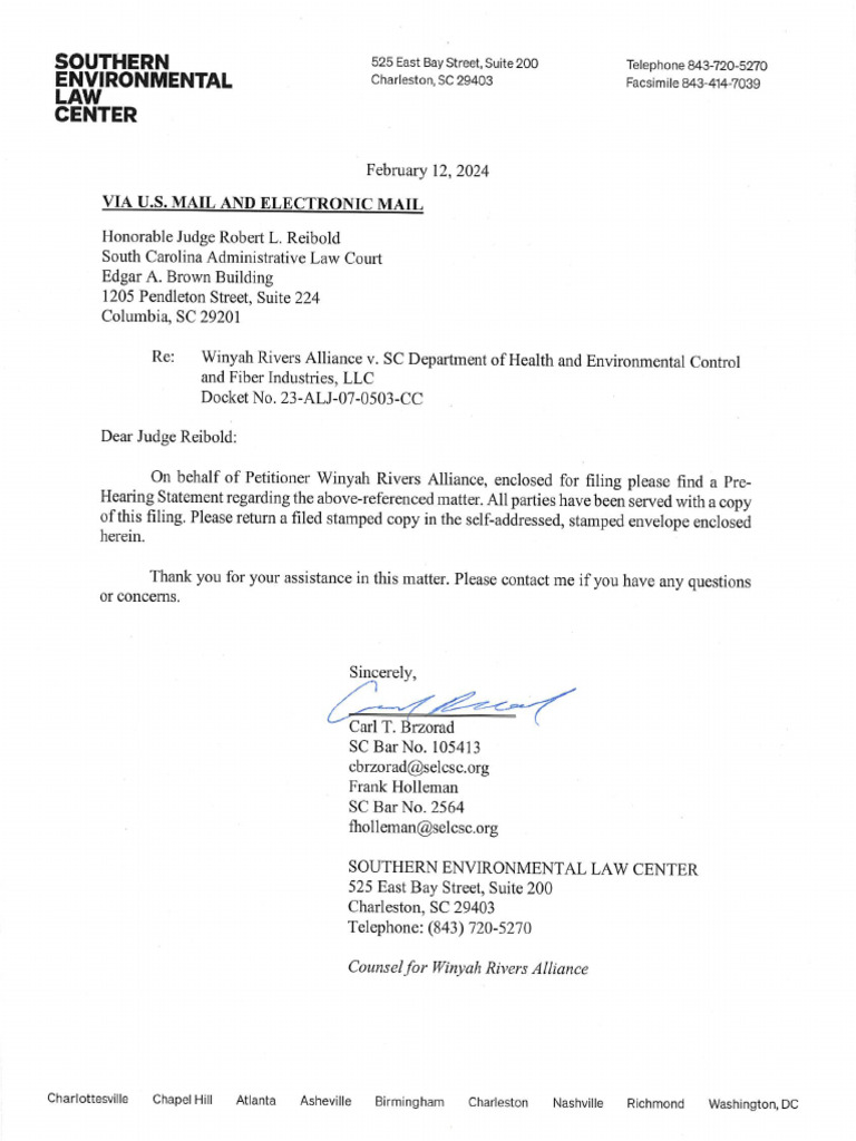 Winyah Rivers Alliance - Pre-Hearing Statement | PDF