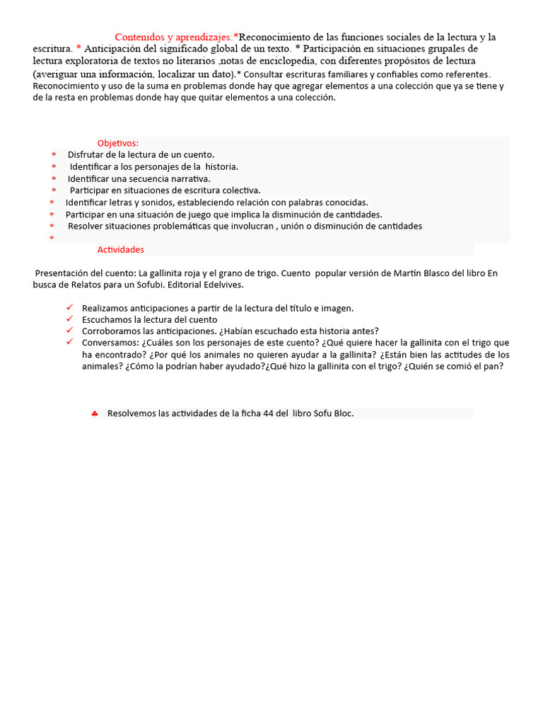 Actividades Del Cuento La Gallina Roja y El Grano de Trigo | PDF