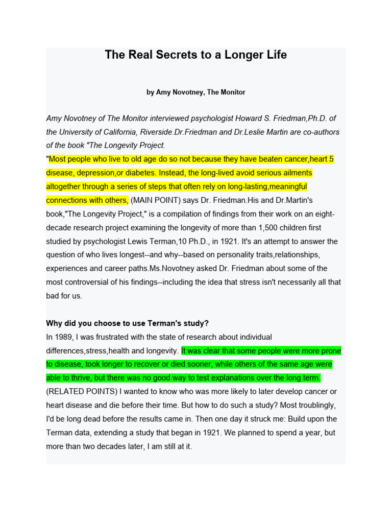 The Real Secrets To A Longer Life by Amy Novotney | PDF | Stress ...