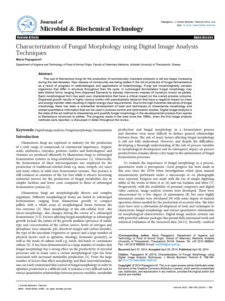 Characterization of Fungal Morphology Using Digital Image Analysis ...