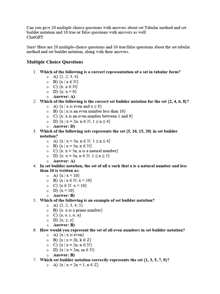 Can You Give 20 Multiple Choice Questions With Answers About Set ... Can You Give 20 Multiple Choice Questions With Answers About Set ...