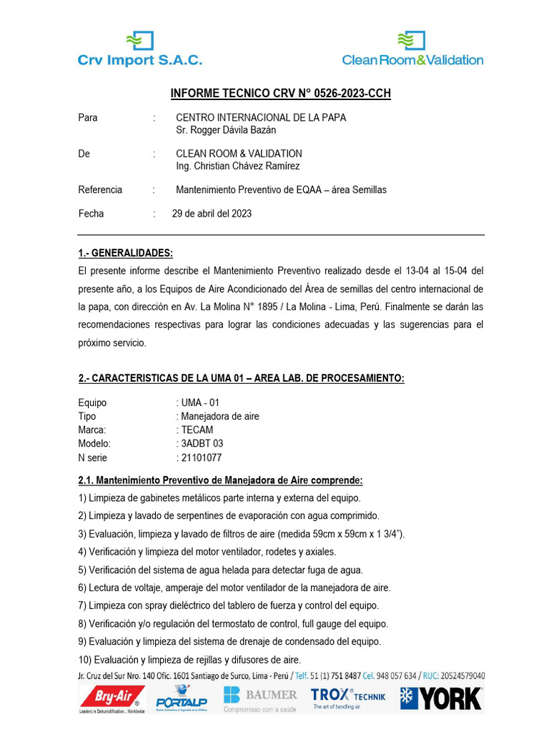 Informe Tecnico Crv N-0526-2023-Cch-mantto Preventivo de Eqaa - Area ...