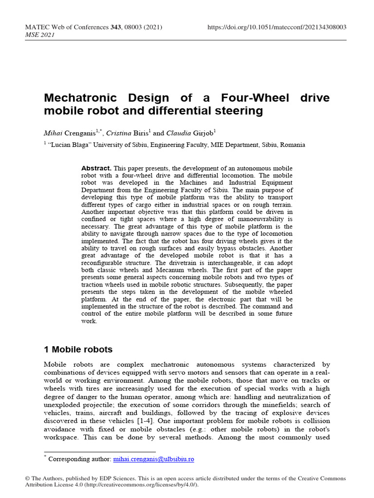 Mechatronic Design of A Four-Wheel Drive Mobile Ro | PDF | Rotation | Force