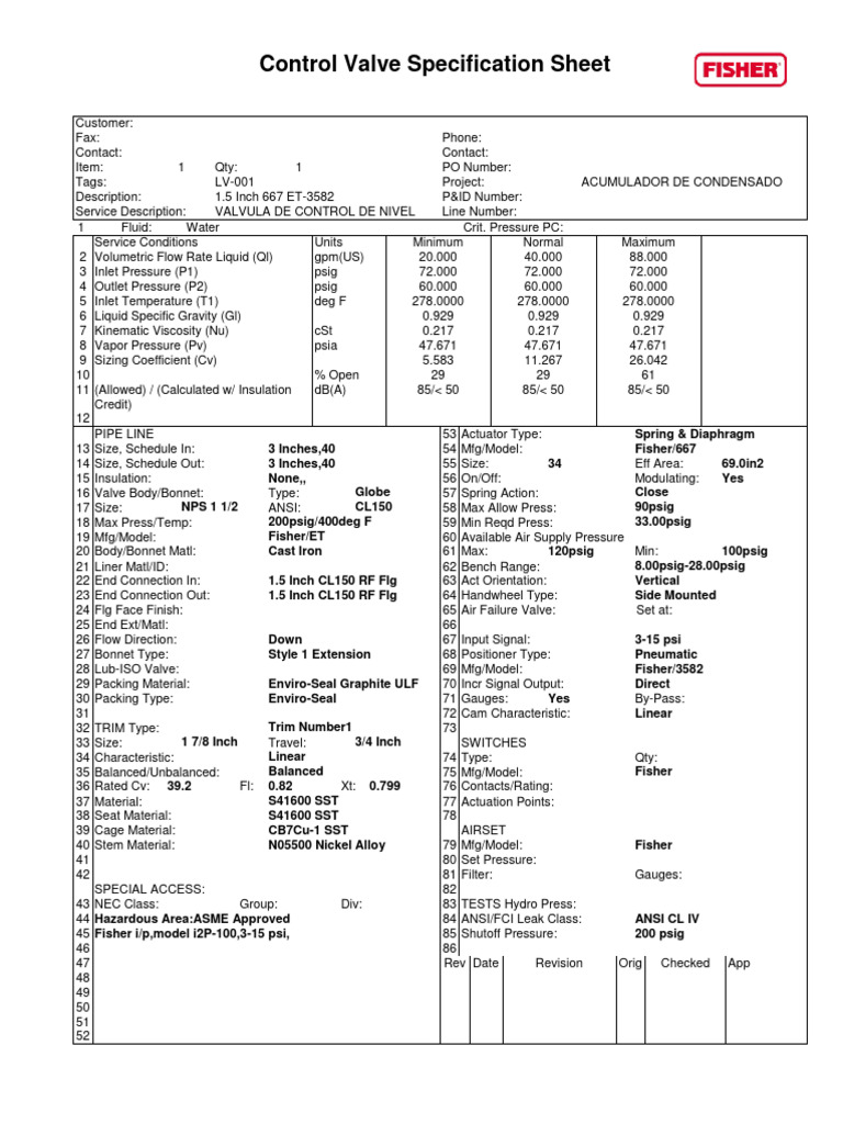 Control Valve Specification Sheet ISMAEL CABALLERO | PDF | Pressure ...