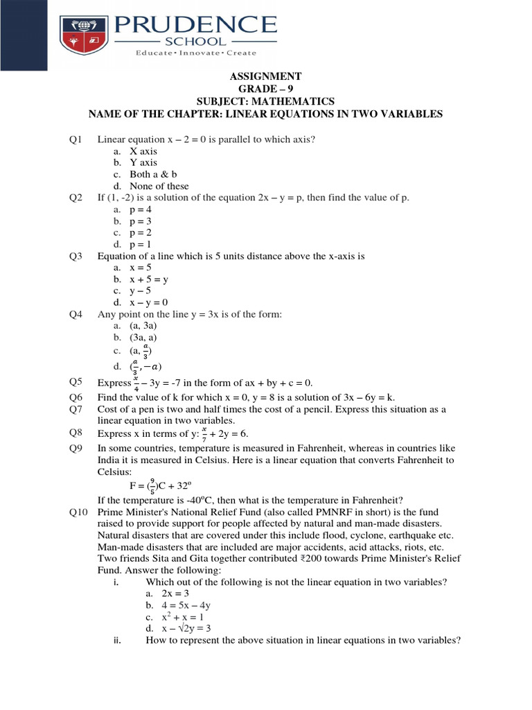 Linear Equations in Two Variables Worksheet | PDF | Equations | Fahrenheit