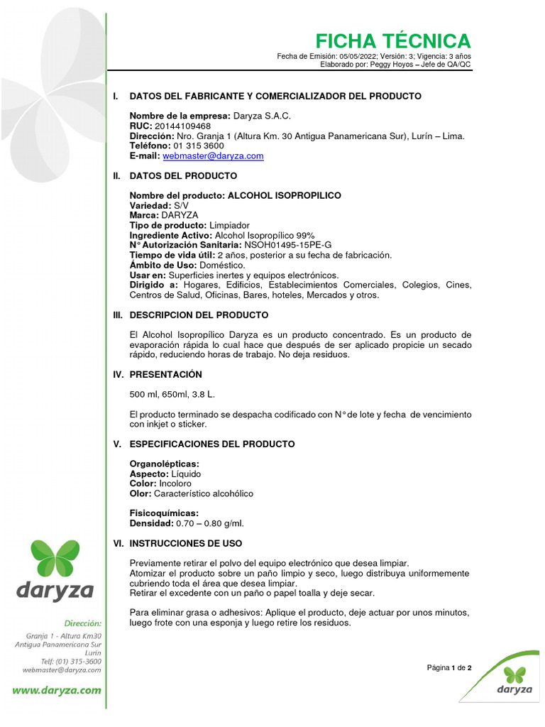 Ficha Técnica Alcohol Isopropílico 99° Daryza | PDF