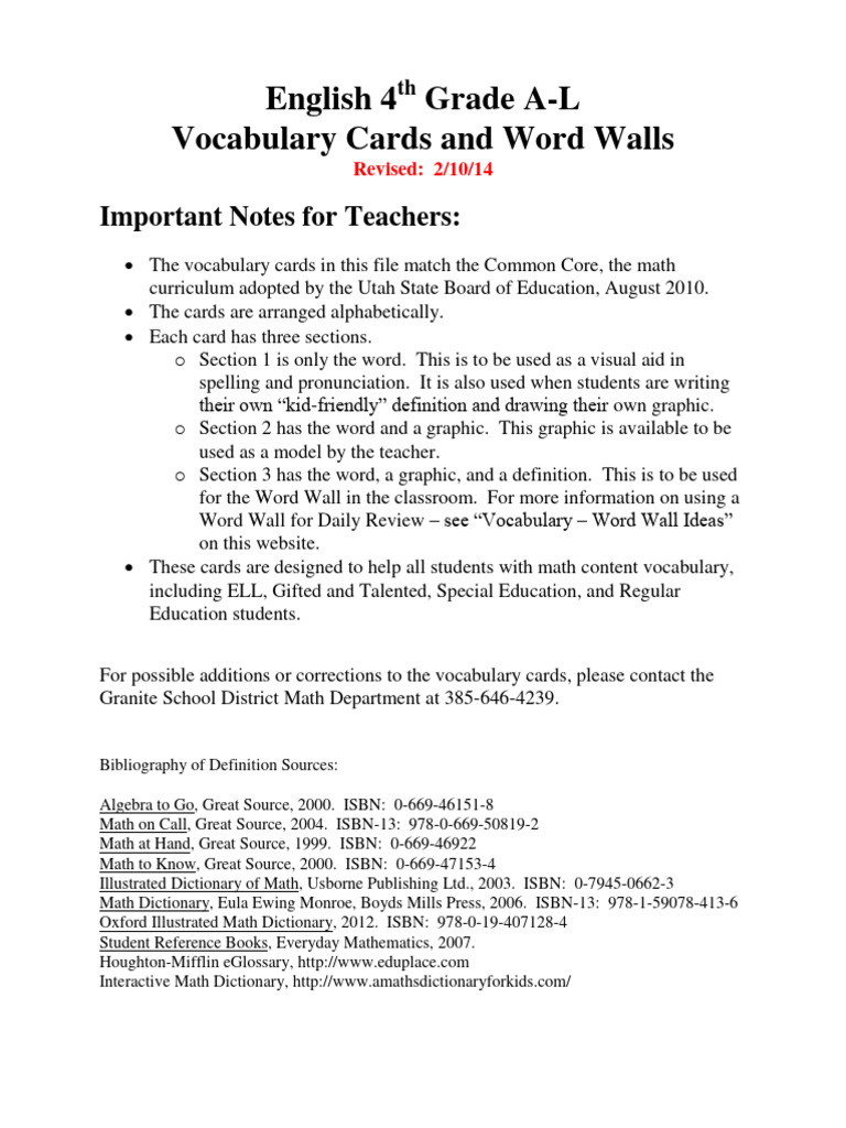 4th Grade Math Vocabulary Cards | PDF | Division (Mathematics) | Decimal