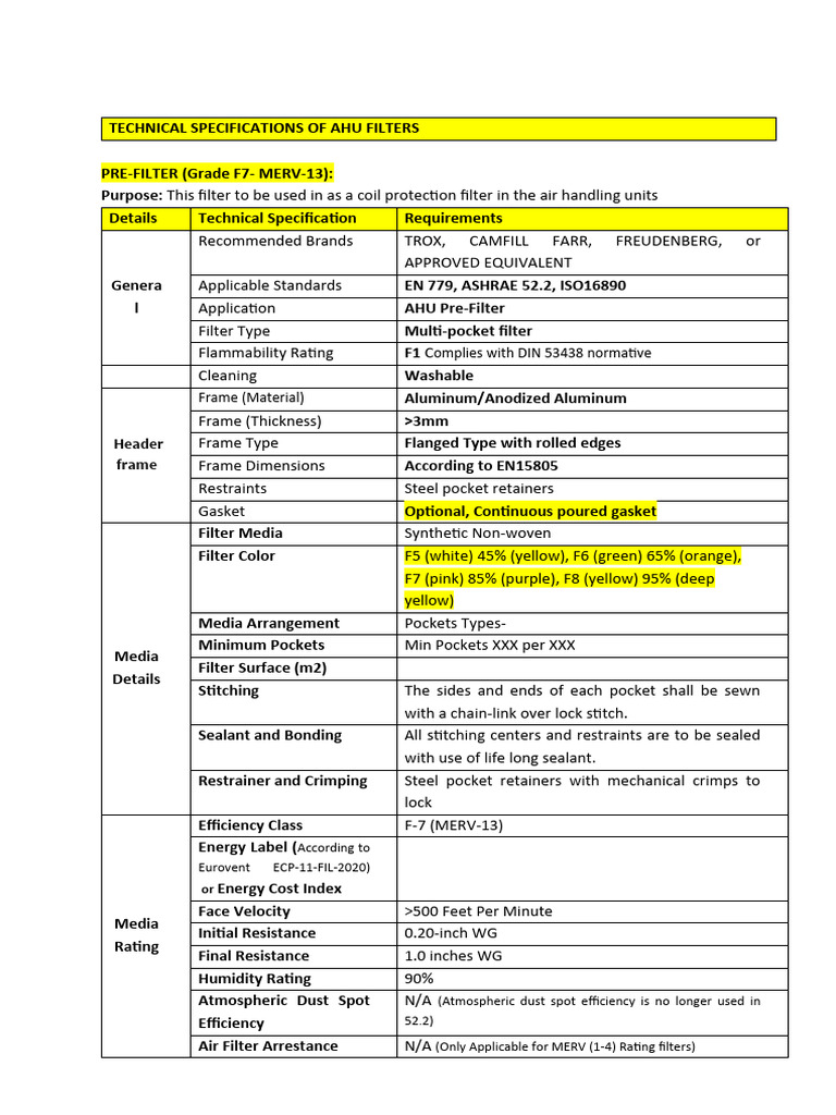 AHU Filter Specifications Overview | PDF | Building Engineering | Materials