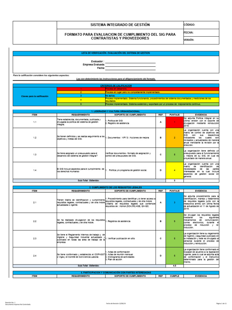 Formato de Evaluacion de Cumplimiento Del Sig para Contratistas y ...