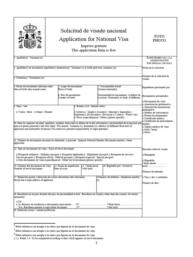 Solicitud de Visado Nacional Espac3b1ol Inglc3a9s 08 09 11 | PDF | Documento de identidad | Ley ...