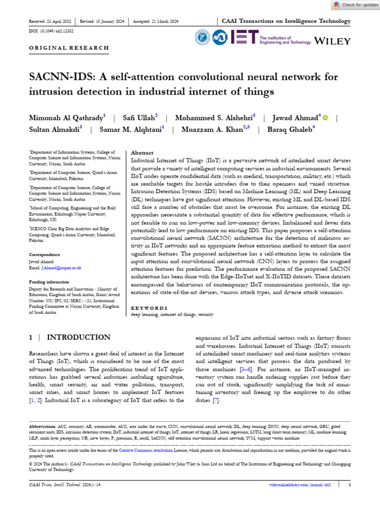 CAAI Trans On Intel Tech - 2024 - Qathrady - SACNN IDS A Self Attention ... CAAI Trans On Intel Tech - 2024 - Qathrady - SACNN IDS A Self Attention ...