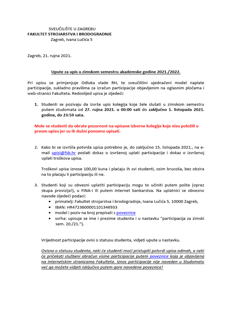 Upute Za Upis U Zimski Semestar 2021-2022 1 | PDF