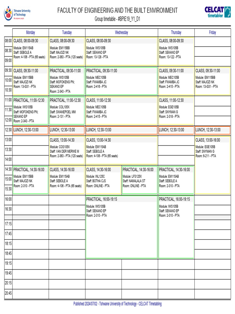 CELCAT Timetable BPIE19 Semester 2 2024 | PDF