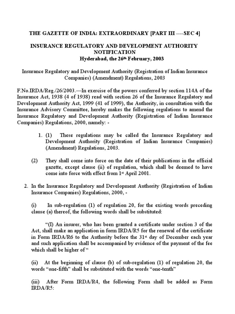 IRDA Amendment Regulations 2003 | PDF | Insurance | Government