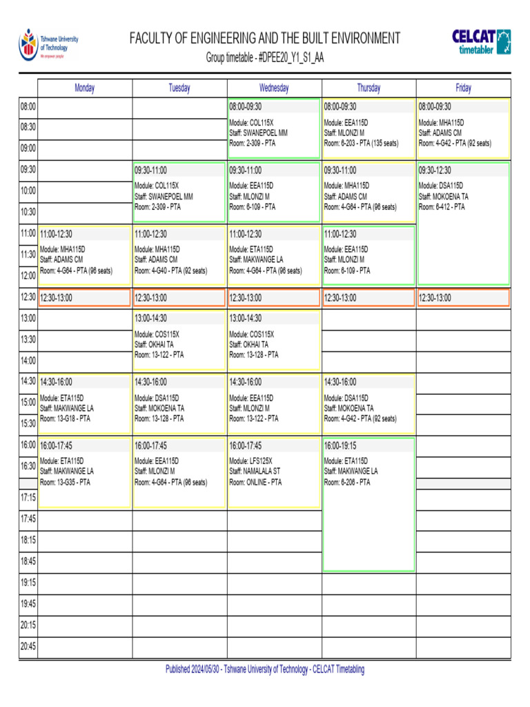 CELCAT Timetable DPEE20 semester 2 2024 | PDF