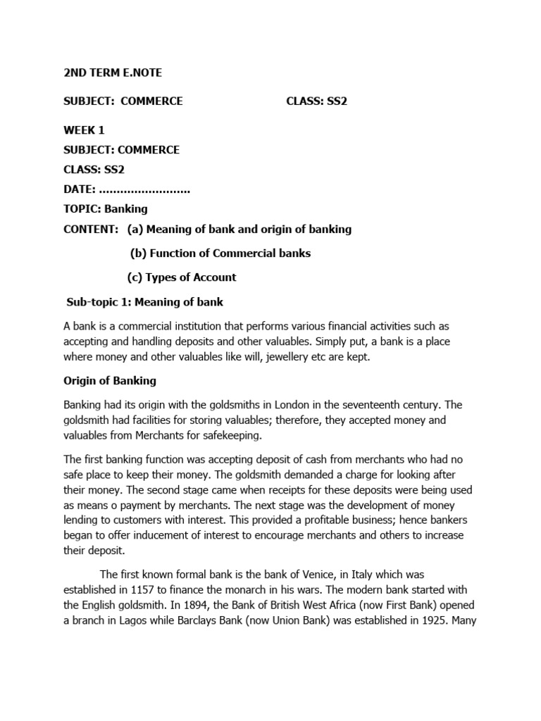 Second Term Ss2 Commerce E-Note | PDF | Cheque | Banks
