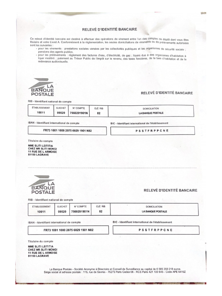 Relevé D'identité Bancaire | PDF