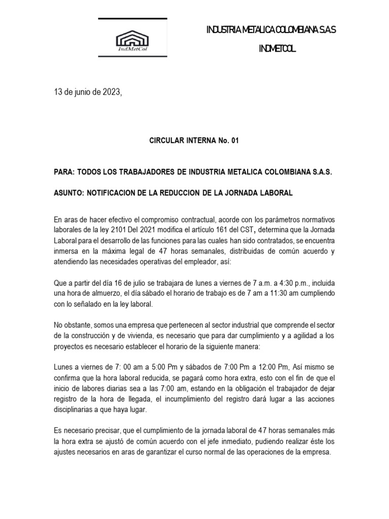 Circular Interna para Laboral | PDF | Derecho laboral | Tiempo de trabajo