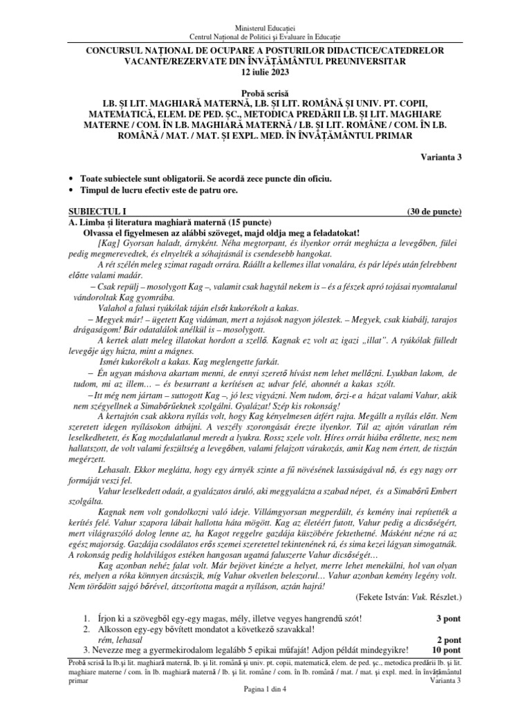 Tit 089 Limba Maghiara Materna I 2023 Var 03 LMA | PDF