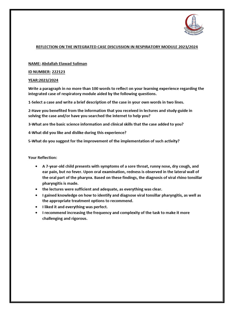 Reflection On The Integrated Case Discussion in Respiratory Module 2023 ...