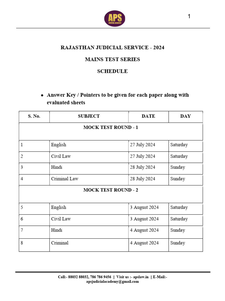 RJS Mains Test Series Schedule | PDF