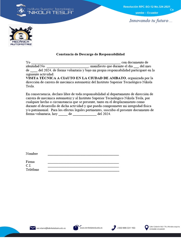 Acta de Descargo de Responsabilidad | PDF