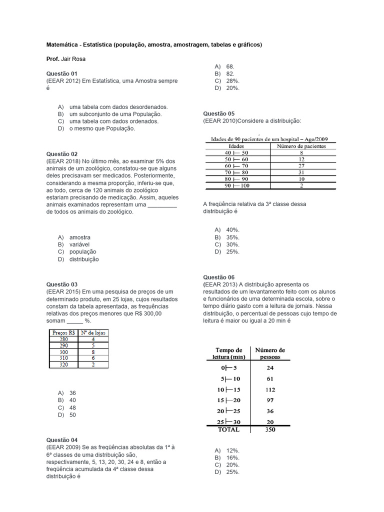 Questões de Estatística e Gráficos | PDF | Amostragem (Estatística ...