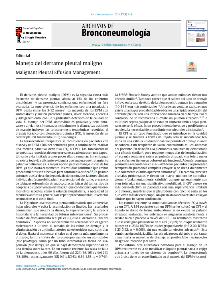 Manejo del Derrame Pleural Maligno | PDF | Causas de la muerte ...