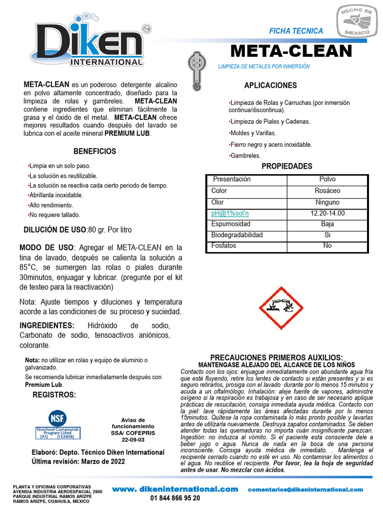 Meta-Clean Ficha Técnica - Revisada Marzo 2022 | PDF | Detergente ...
