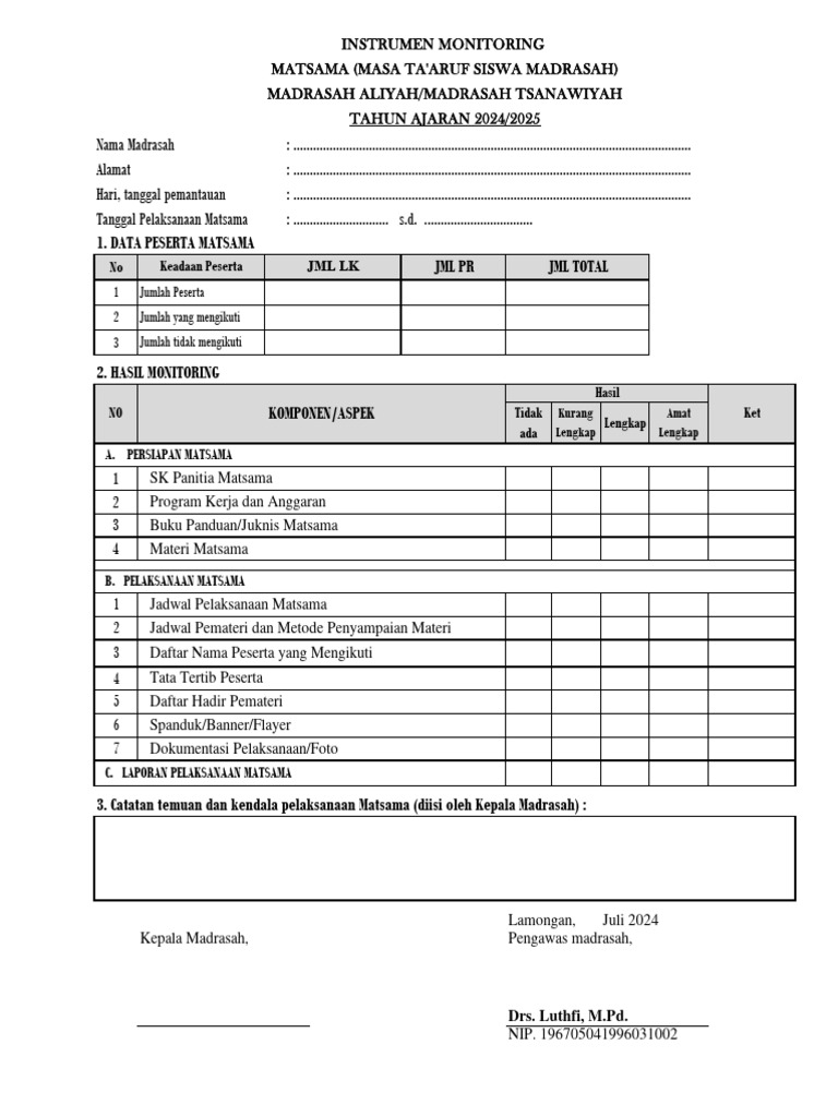 Instrumen Monev Matsama 2024 | PDF