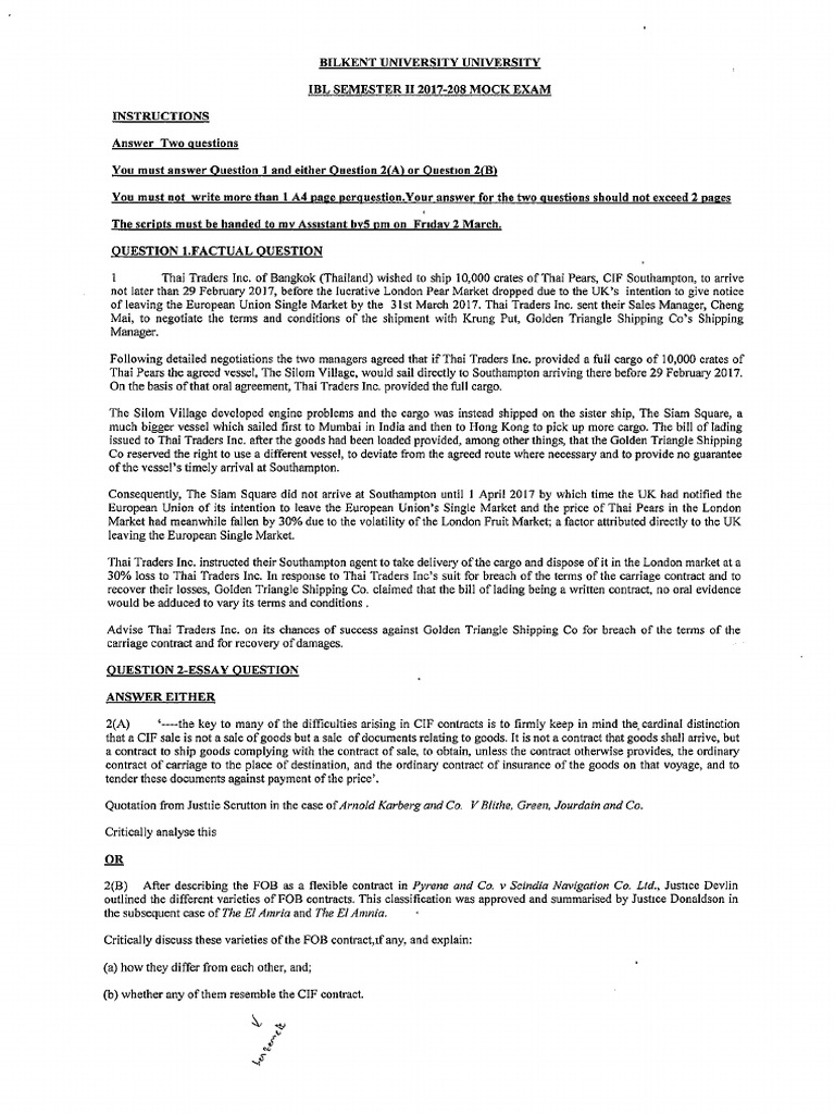 Bilkent University IBL Mock Exam 2017 | PDF | Private Law | Business Law