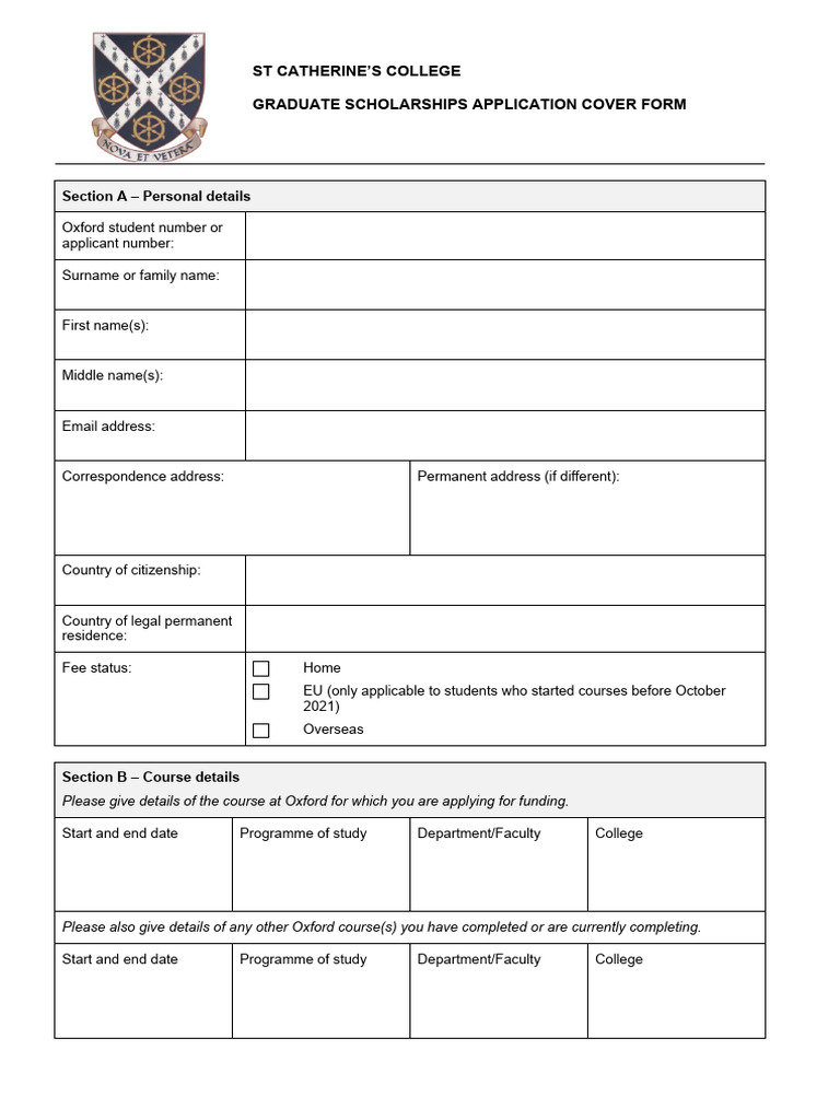 Grad Schol Application Cover Form | PDF | Doctor Of Philosophy | University Of Oxford