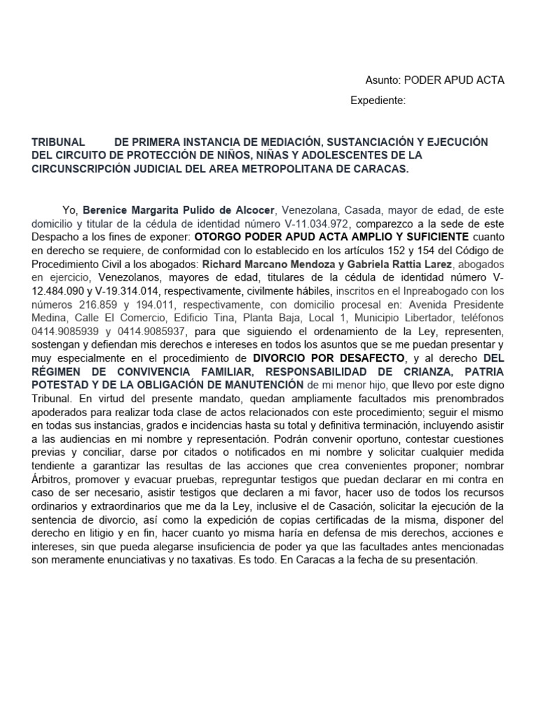 Poder Apud Acta para Divorcio | PDF | Divorcio | Sentencia (ley)