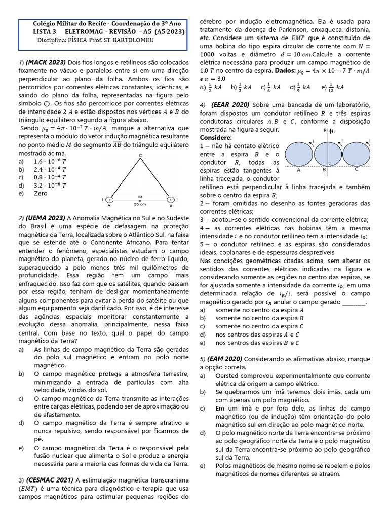 Lista 3 - A5 2023 Camil Sem Gab Imprimir | PDF | Magnetismo | Campo magnético