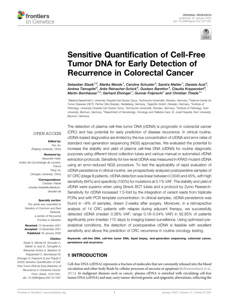Sensitive Quantification of Cell-Free Tumor DNA for Early Detection of ...