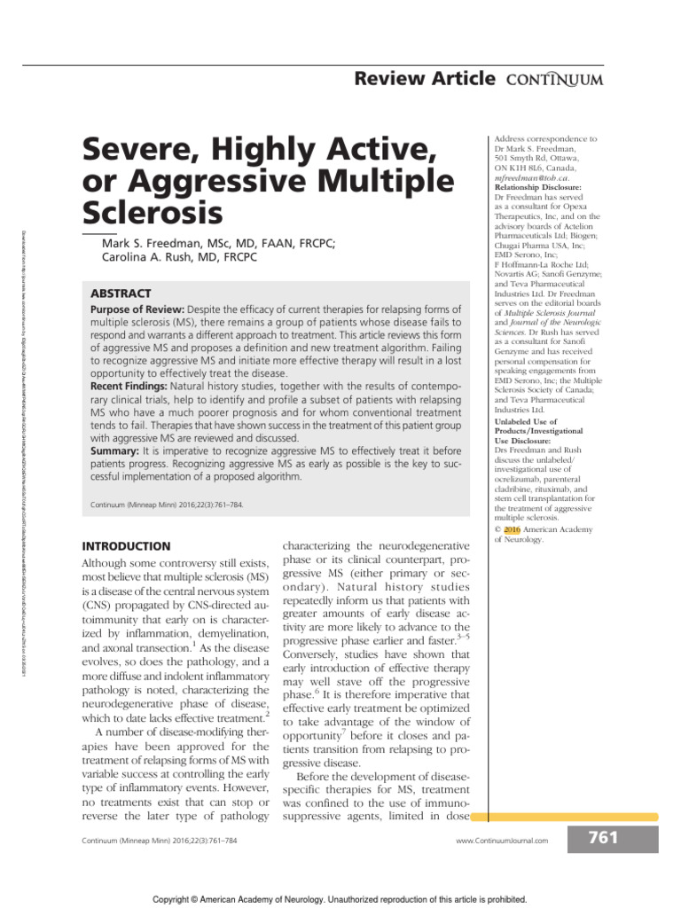 Freedman 2016 Severe, Highly Active, or Aggressive Multiple Sclerosis ...