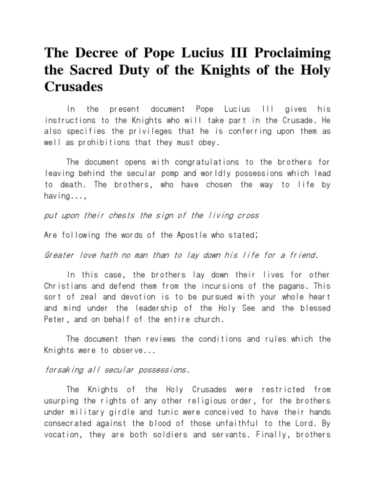 The Decree of Pope Lucius III Proclaiming The Sacred Duty of The ...