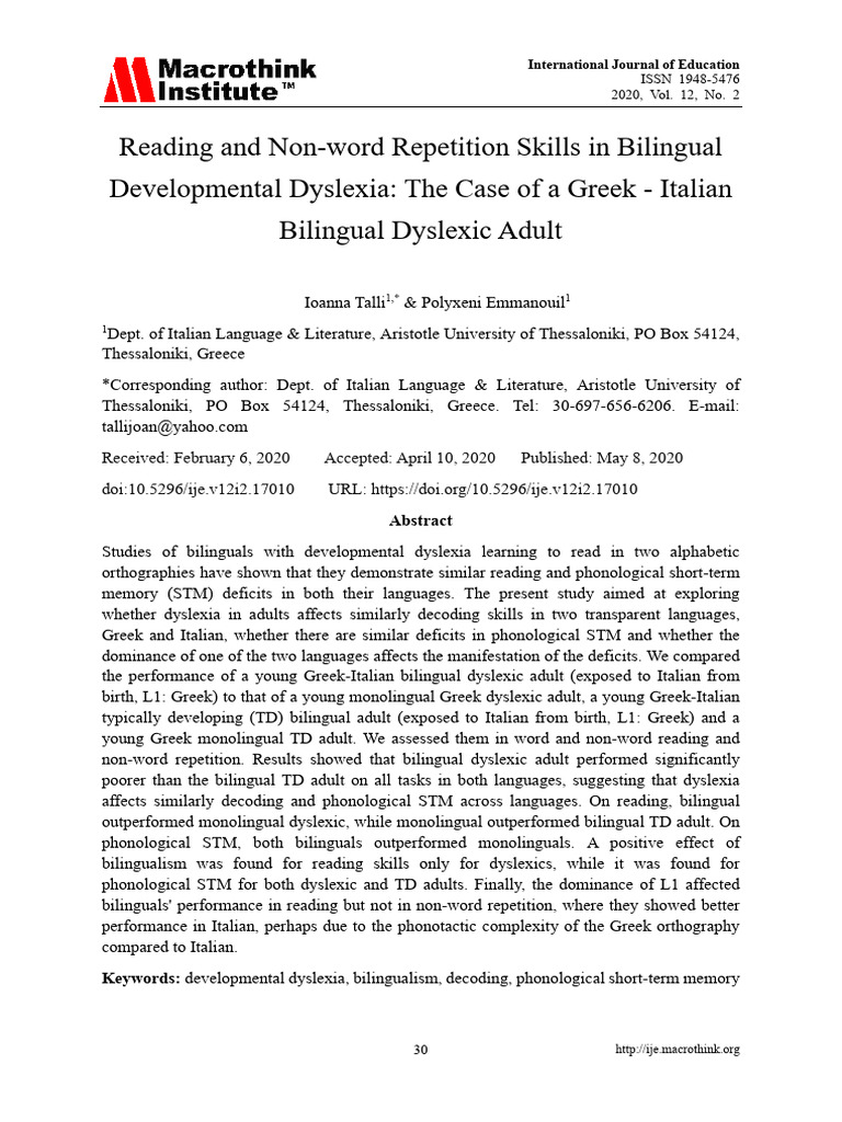Reading and Non-Word Repetition Skills in Bilingua | PDF | Dyslexia ...