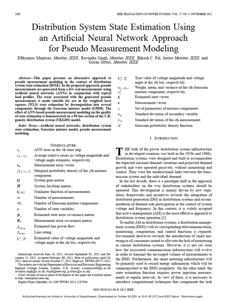 2012 Distribution System State Estimation Using An Artificial Neural Network Approach For Pseudo