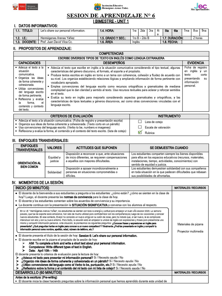 Sesion de Aprendizaje N°6 - 2023 - Ciclo Vi - Unit 1 | PDF | Léxico | Evaluación